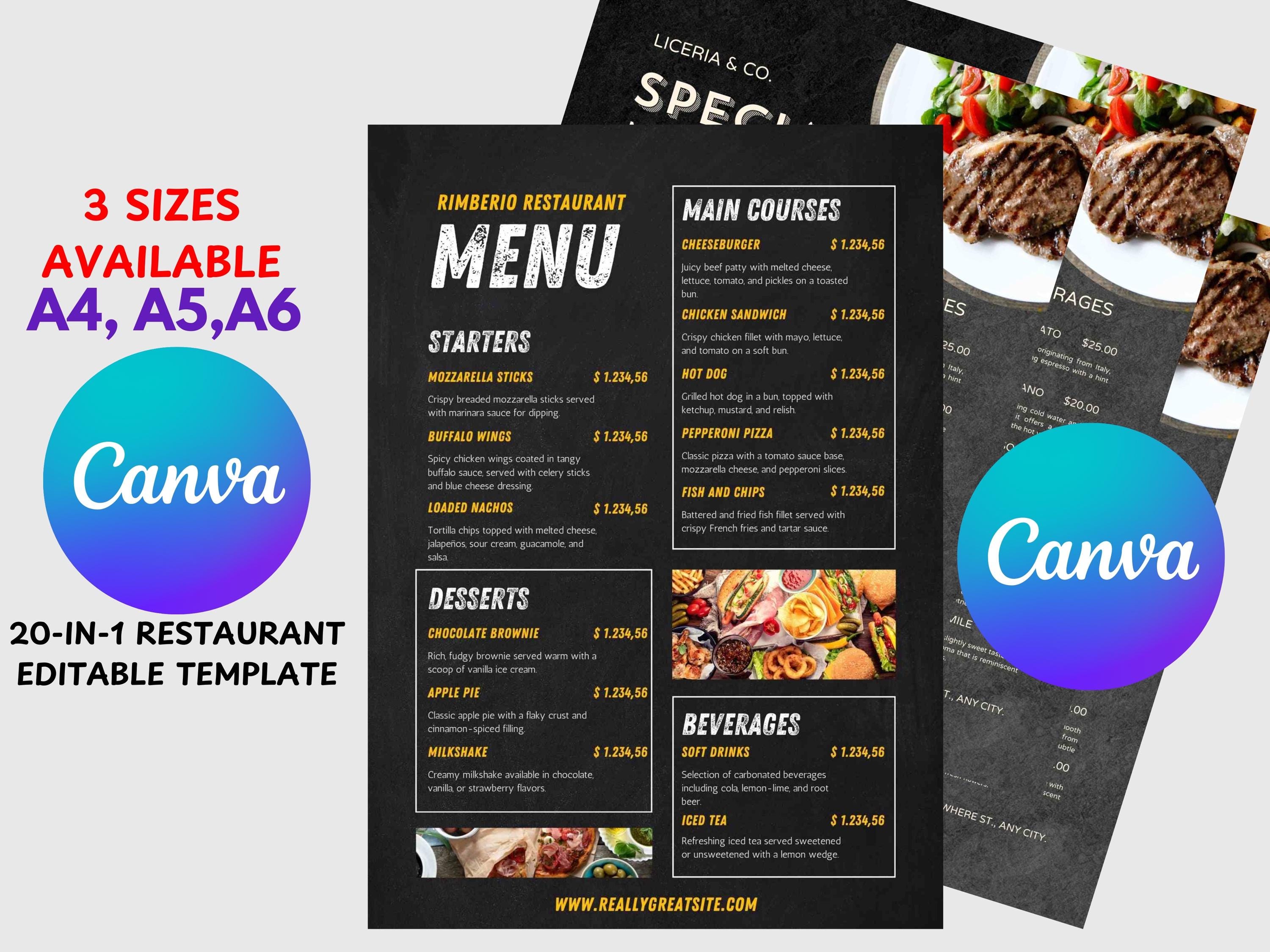 20 Restaurant Menu Template, A4 Size Menu, Cafe Menu,food Menu Template ...
