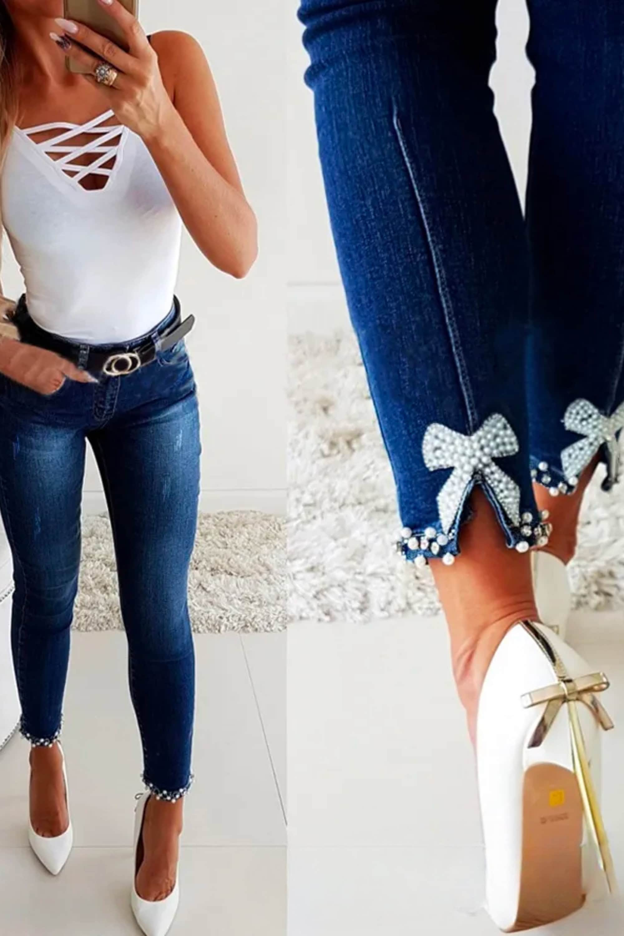 Light or Dark Blue Denim Jeans With Pearl and Rhinestone Bows - Etsy