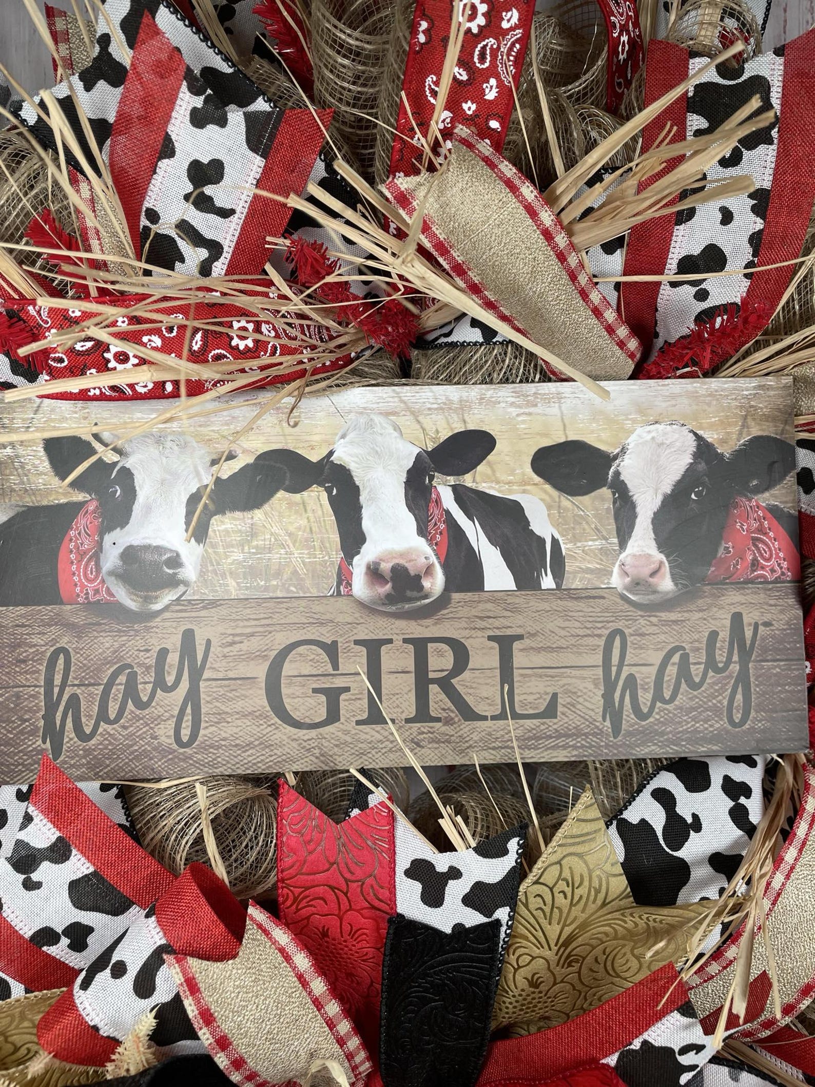 Rustic Farmhouse Cow Wreath hay Girl Hay Decor for Front Door, Country ...