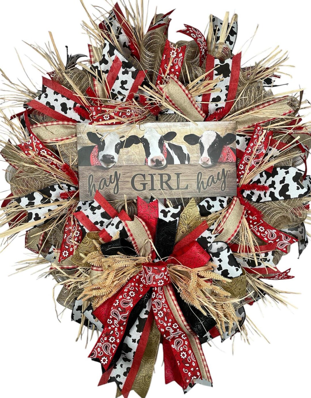 Rustic Farmhouse Cow Wreath hay Girl Hay Decor for Front Door, Country ...