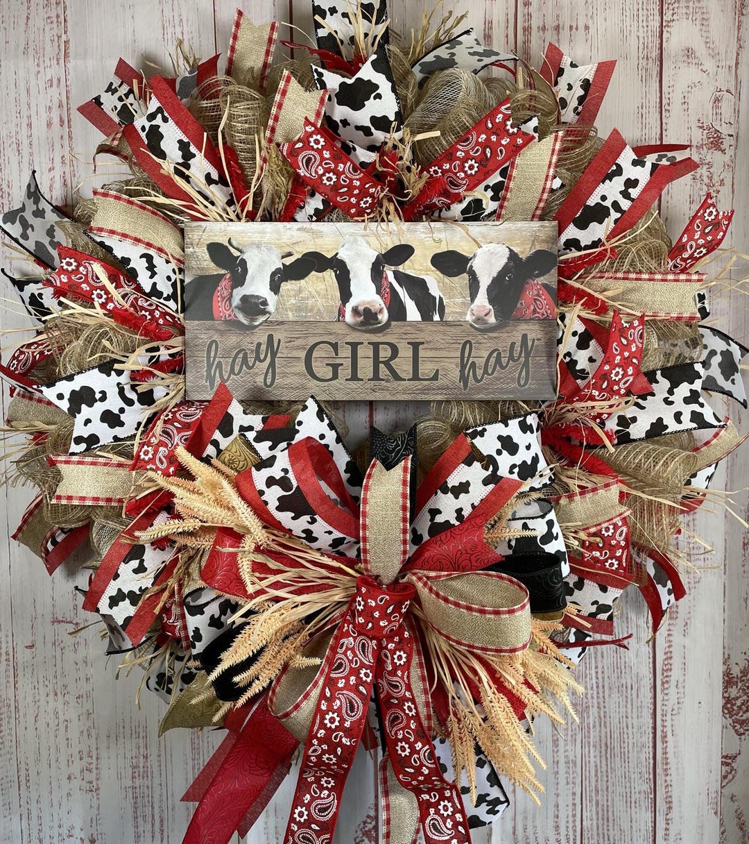Rustic Farmhouse Cow Wreath, ‘hay Girl Hay’ Decor for Front Door ...