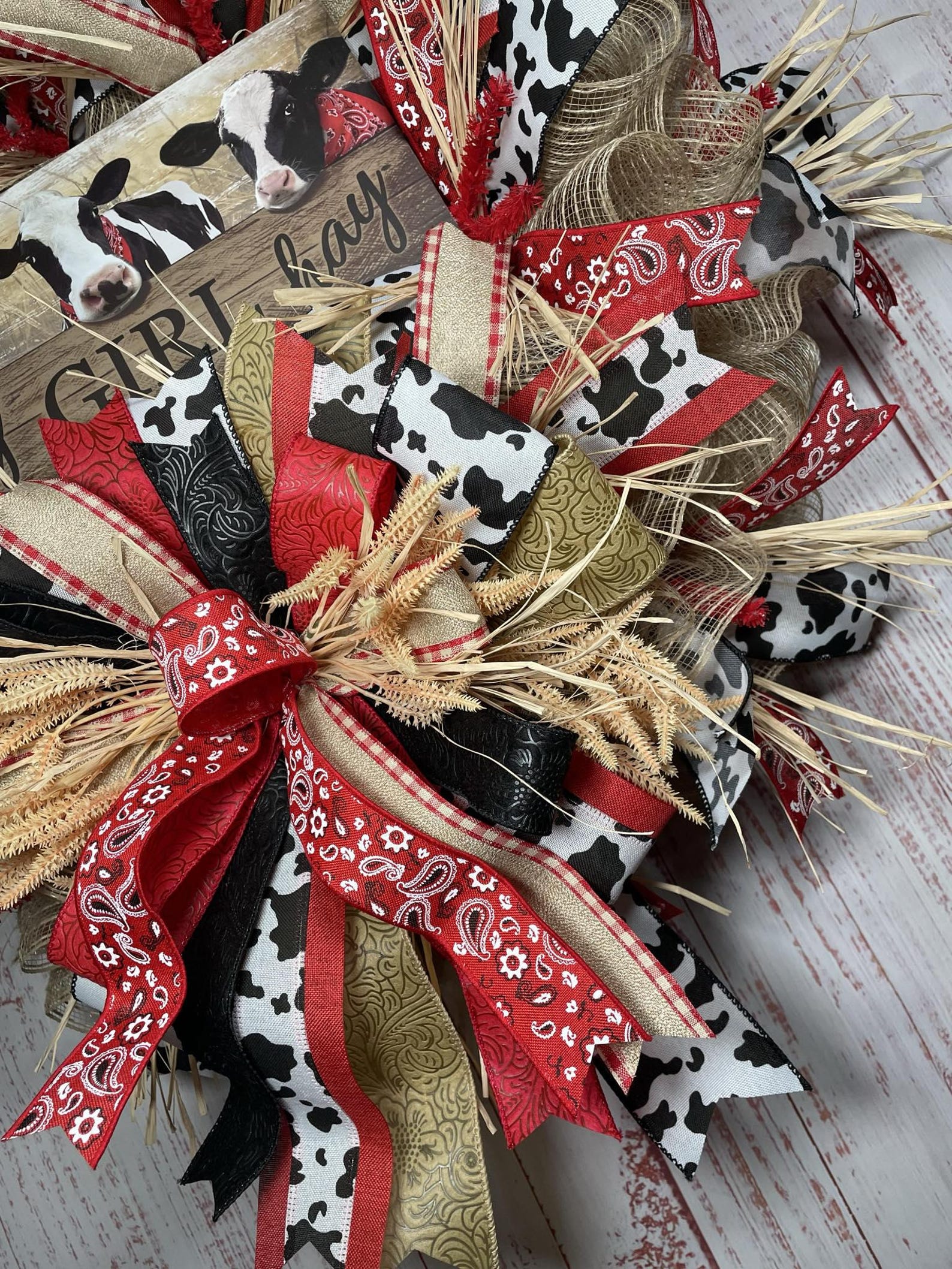 Rustic Farmhouse Cow Wreath hay Girl Hay Decor for Front Door, Country ...