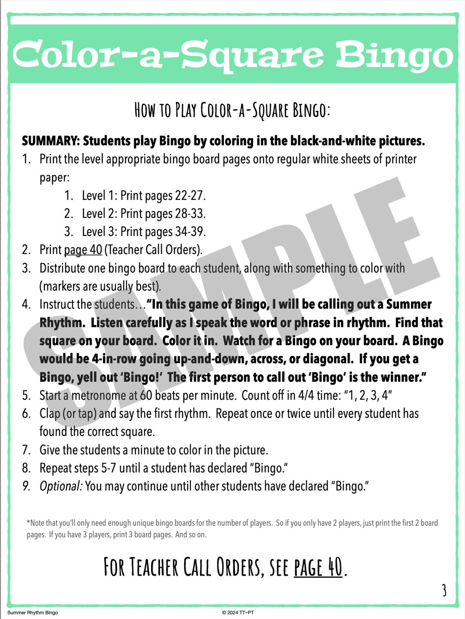 Summer Rhythm Bingo Music Bingo Game for Beginners note Values, Rest ...