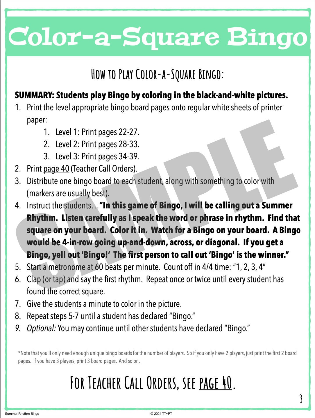 Summer Rhythm Bingo Music Bingo Game for Beginners note Values, Rest ...