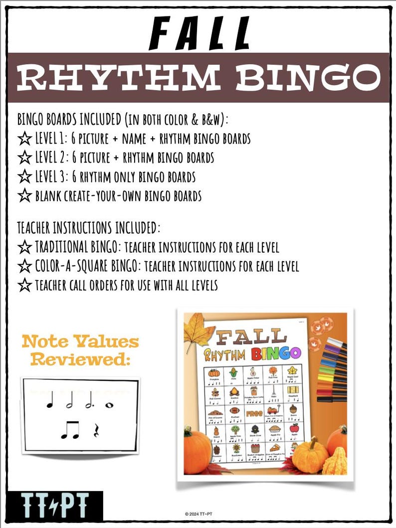 Fall Rhythm Music Bingo Game | Note & Rest Values (printable) - Etsy