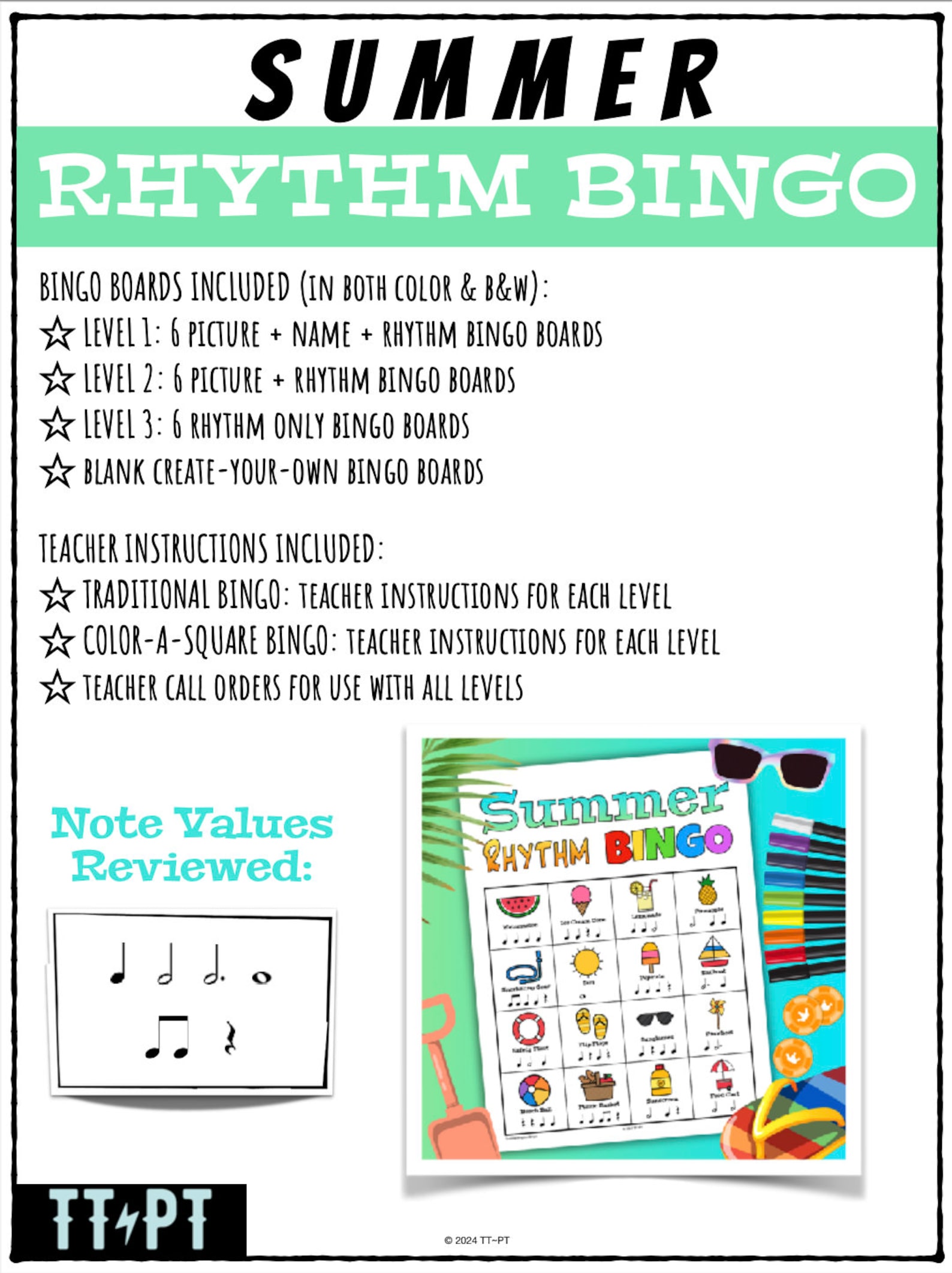 Summer Rhythm Bingo Music Bingo Game for Beginners note Values, Rest ...