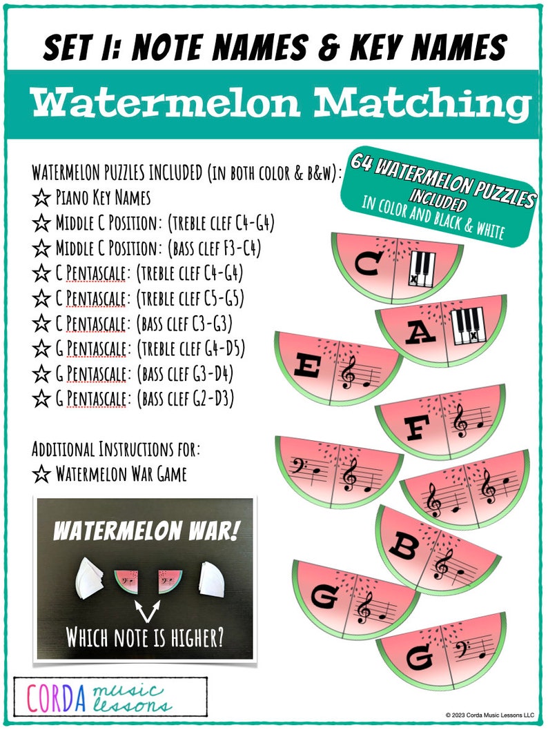 MUSIC THEORY PUZZLES | Summer Watermelon Matching Game: Notes/key Names ...