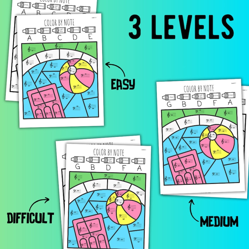 Summer Coloring Pages Color by Code Music Notes 3 Levels - Etsy