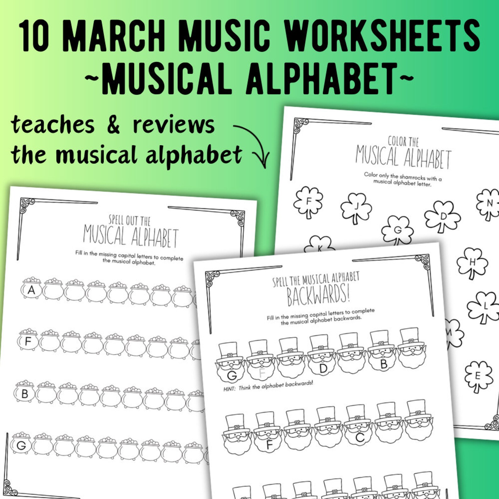 St. Patrick's Day Music Worksheets | Musical Alphabet [beginner Piano ...