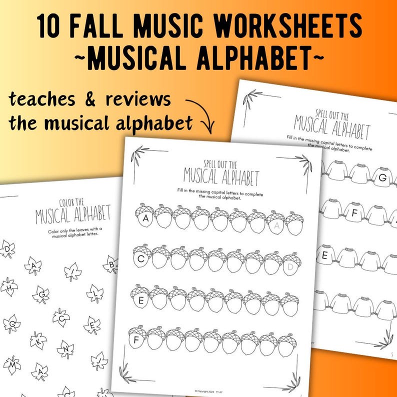 Fall Music Worksheets | Musical Alphabet [beginner Piano Theory] Autumn ...