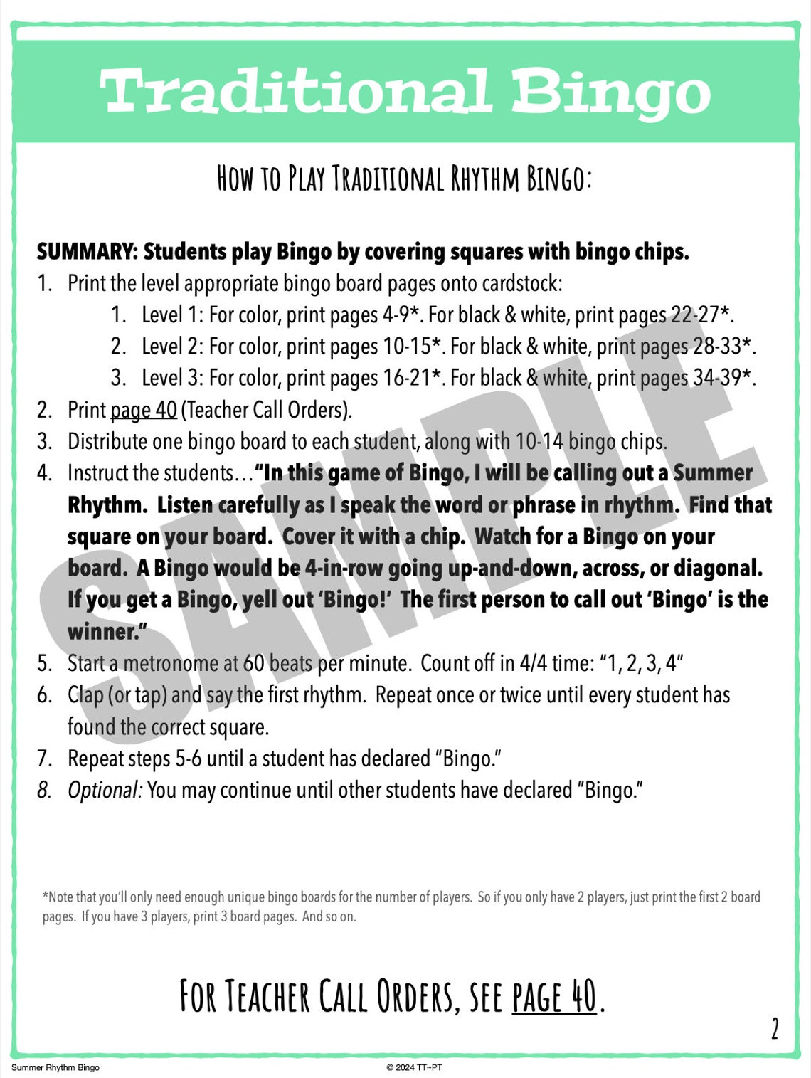 Summer Rhythm Bingo Music Bingo Game for Beginners note Values, Rest ...