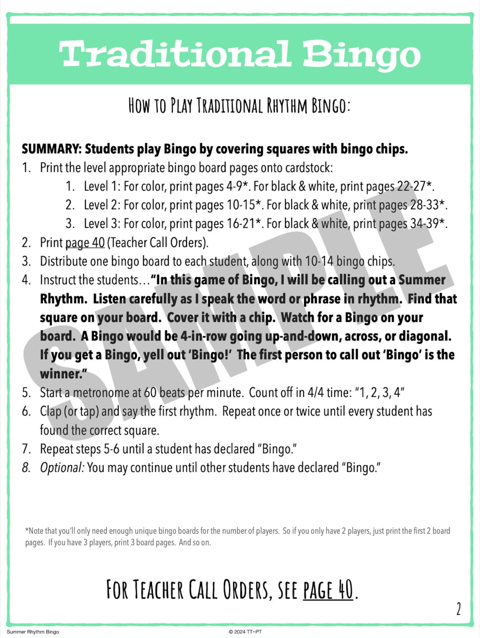 Summer Rhythm Bingo Music Bingo Game for Beginners note Values, Rest ...