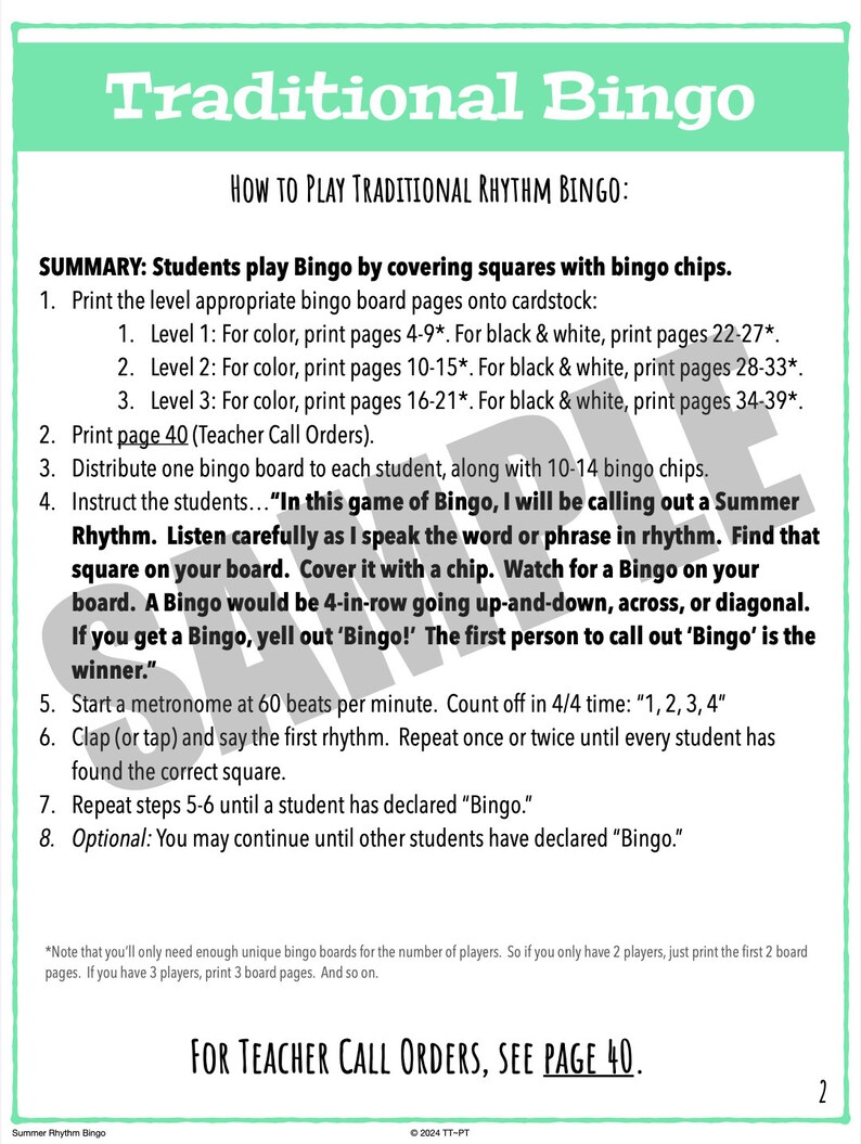 Summer Rhythm Bingo Music Bingo Game for Beginners note Values, Rest ...