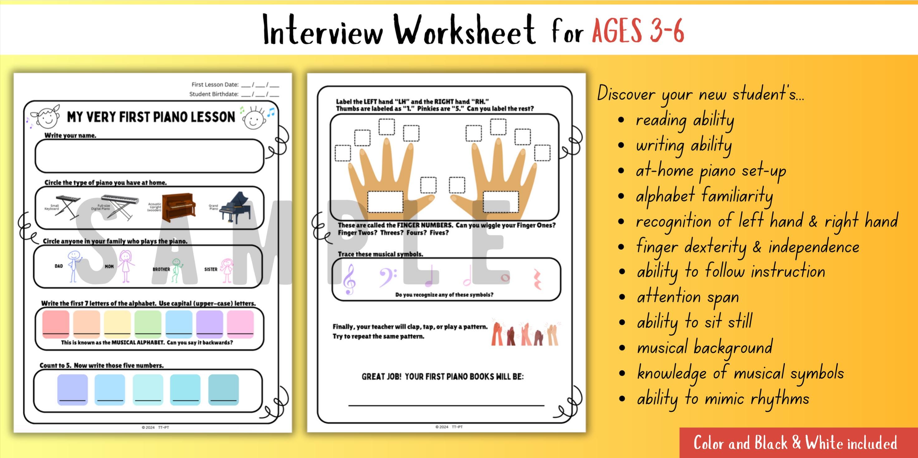 First Piano Lesson Interview Worksheet | New Piano Student Survey | 3 ...
