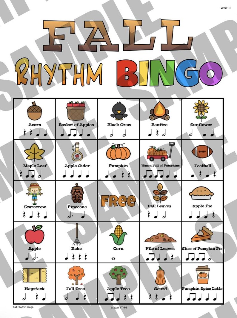 Fall Rhythm Music Bingo Game | Note & Rest Values (printable) - Etsy