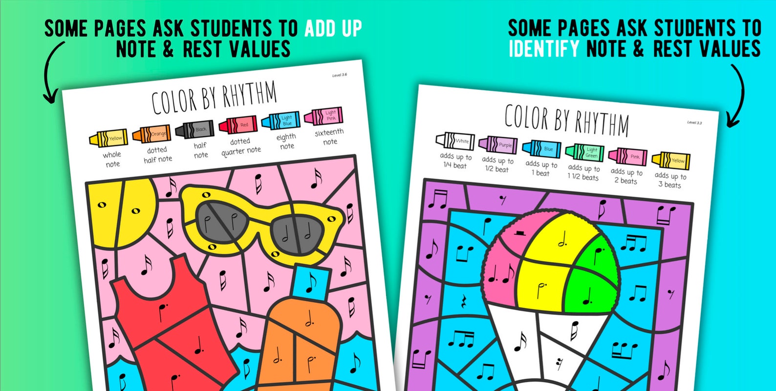 Summer Coloring Pages | Color by Code Rhythm Note Rest Values | 3 ...