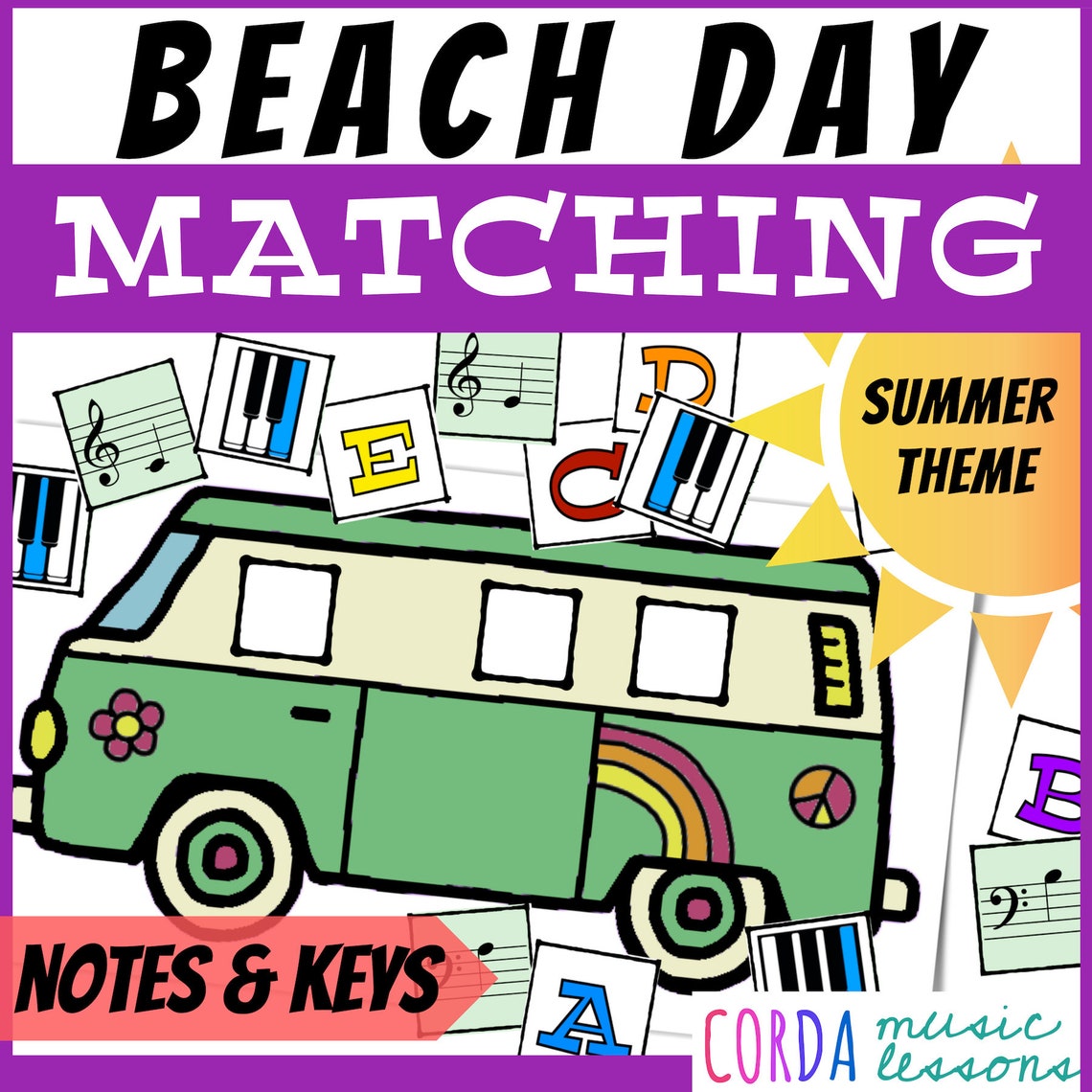 MUSIC THEORY PUZZLES Summer Beach Matching Game: Notes, Key Names ...