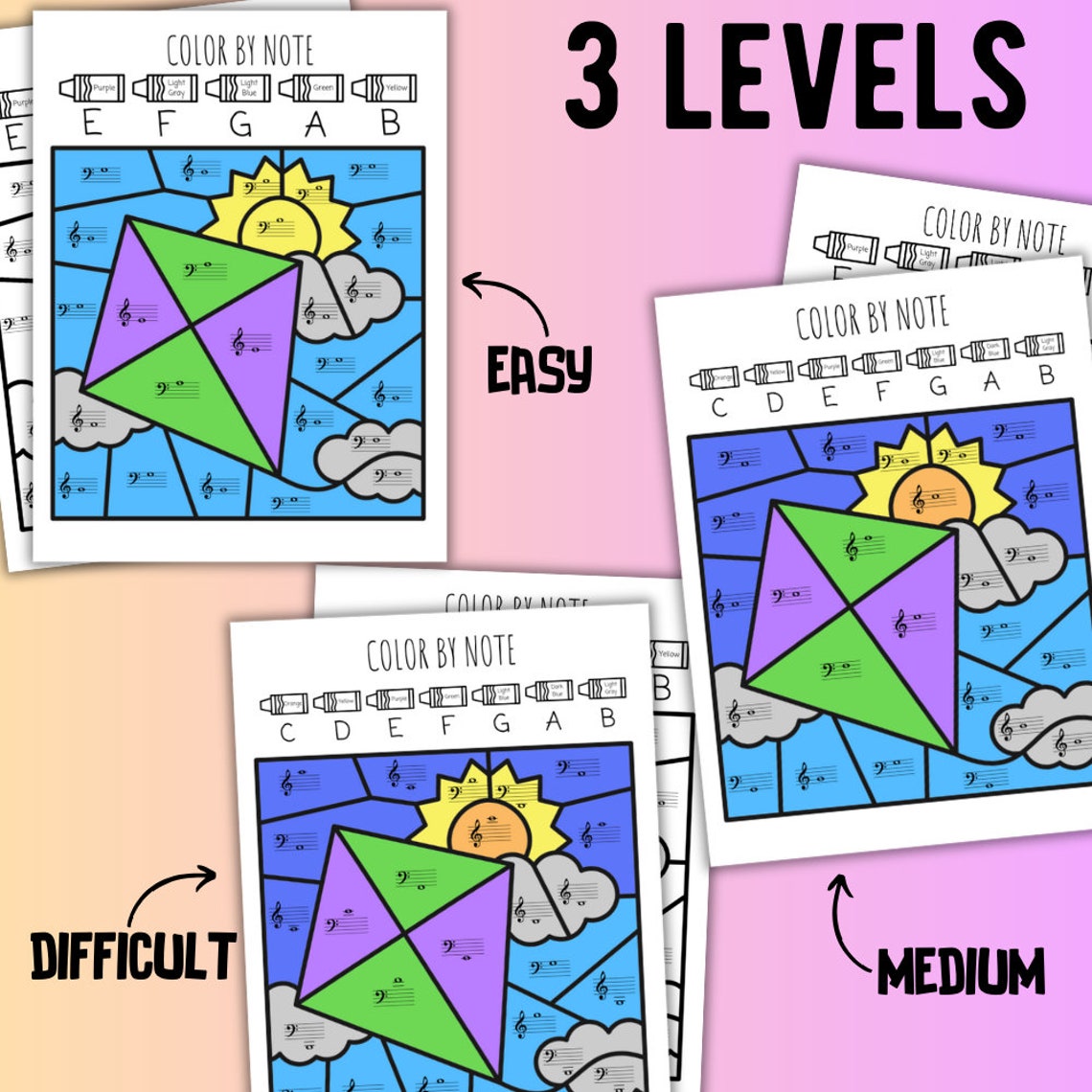 Spring Coloring Pages Color by Code Music Notes 3 Levels Note Naming ...