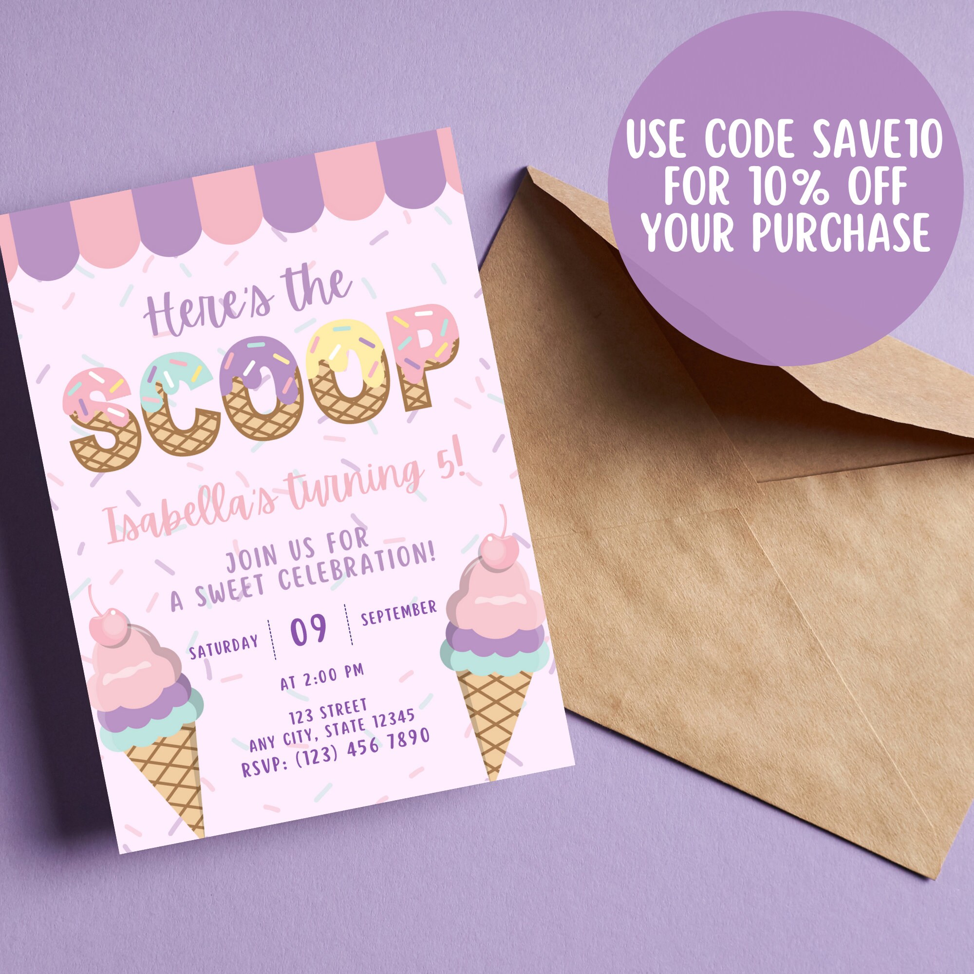 Ice Cream Birthday Invitation, Editable Canva Template (instant ...