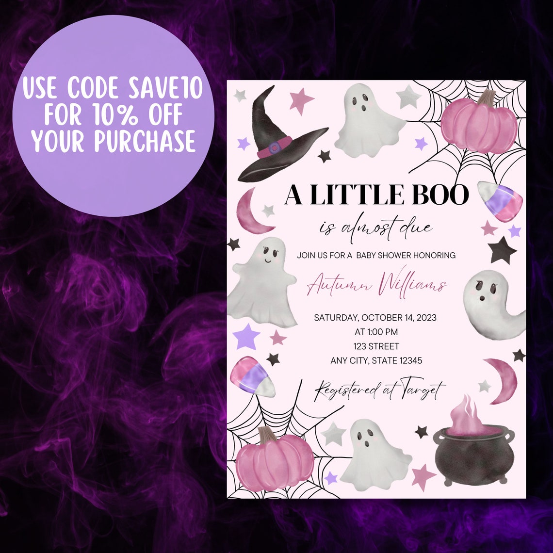 Little Boo Baby Shower Invitation, Pink Ghost, Canva Template (instant ...