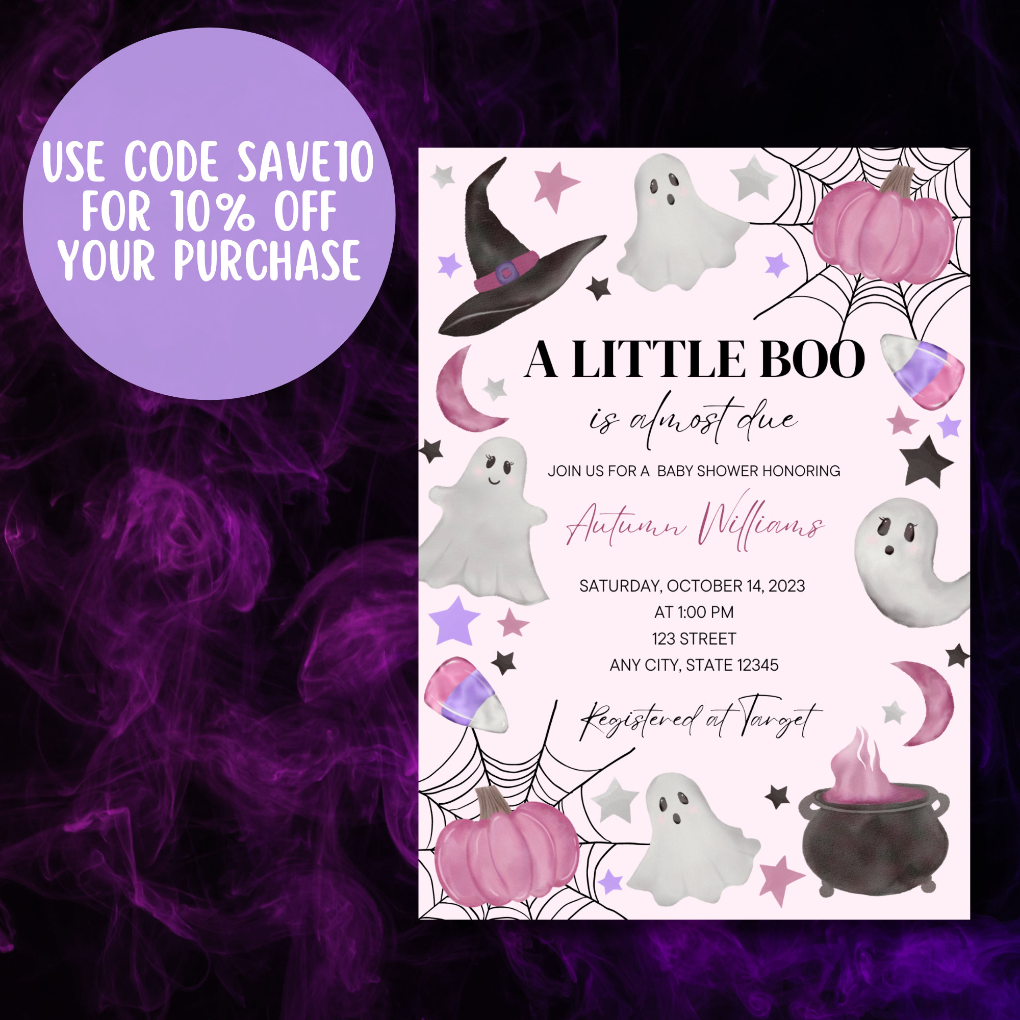 Little Boo Baby Shower Invitation, Pink Ghost, Canva Template (instant ...