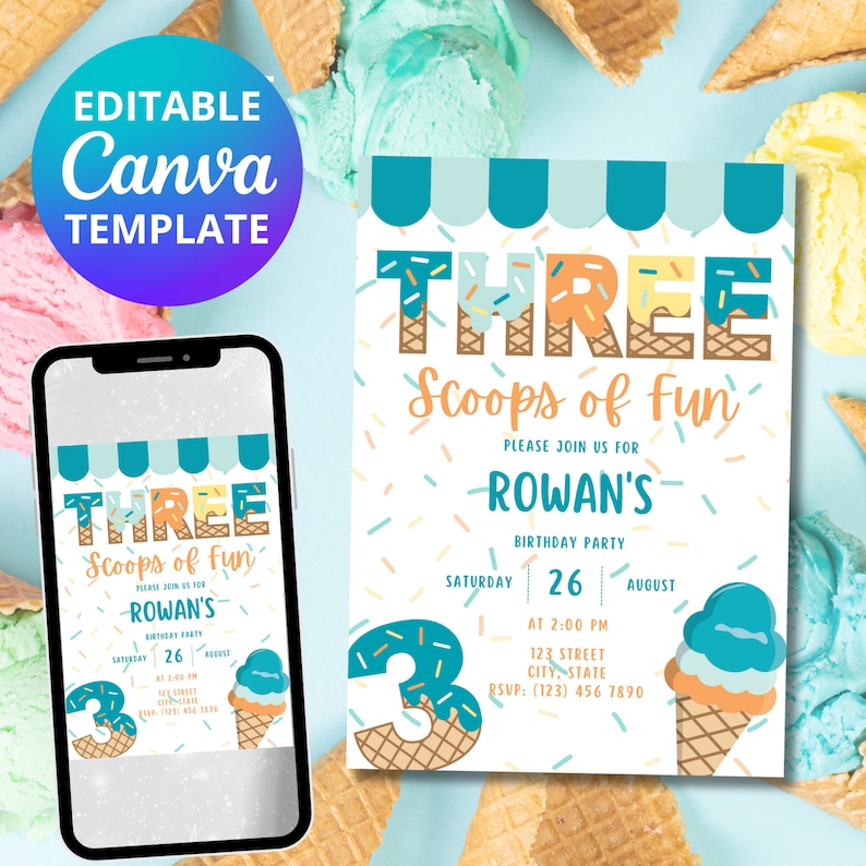 Ice Cream 3rd Birthday Invitation, Three Scoops of Fun, Canva Template ...