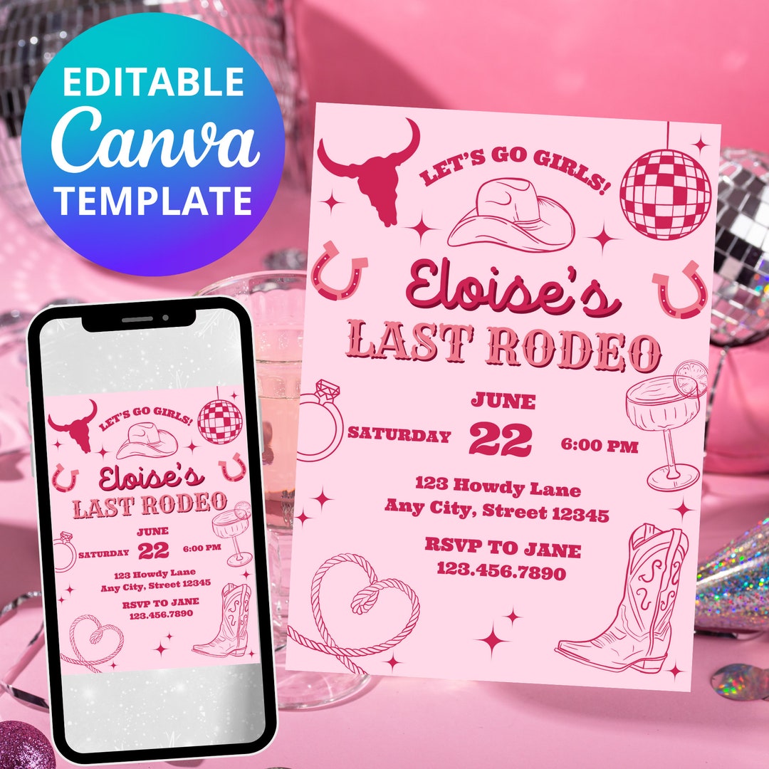 Last Rodeo Bachelorette Invitation, Cowgirl Party Theme, Pink Disco ...
