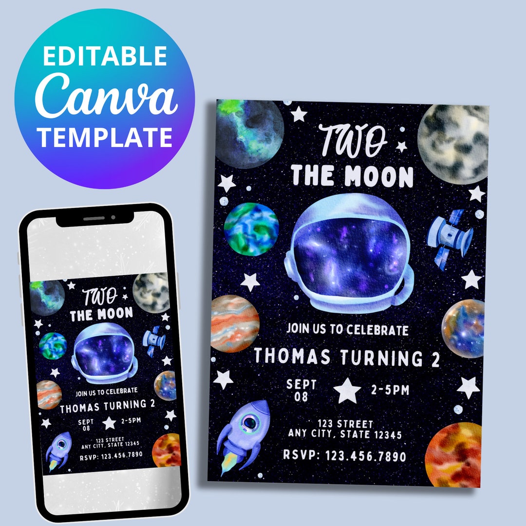 Two the Moon Birthday Invitation, Outer Space, Editable Canva Template ...