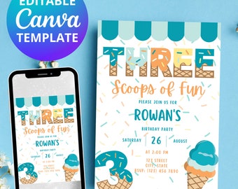 Editable Ice Cream Birthday Invitation, Three Scoops of Fun, 3rd Birthday Party Invitation ...