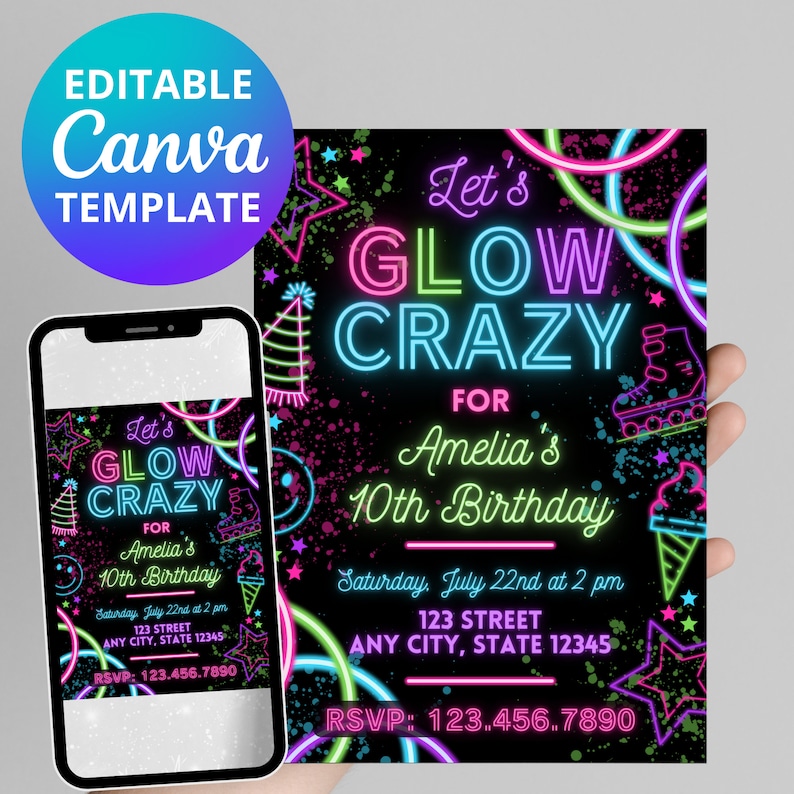 Editable Glow Party Birthday Invitation | Let's Glow Crazy | Neon ...