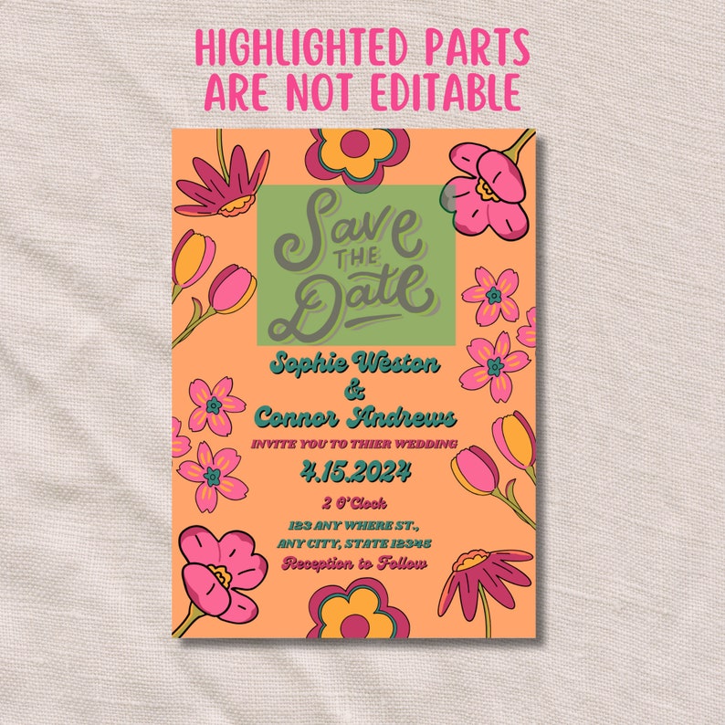 Retro Floral Wedding Invitation Set, 70s Disco Theme (editable Template ...