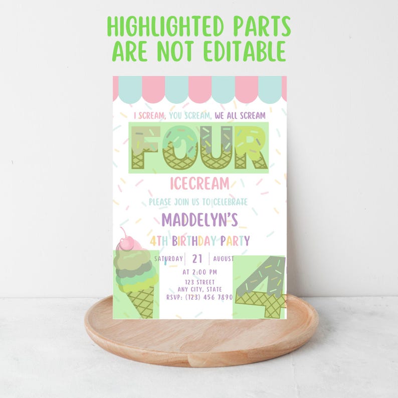 Editable Ice Cream Birthday Invitation, I Scream Four Ice Cream, 4th ...