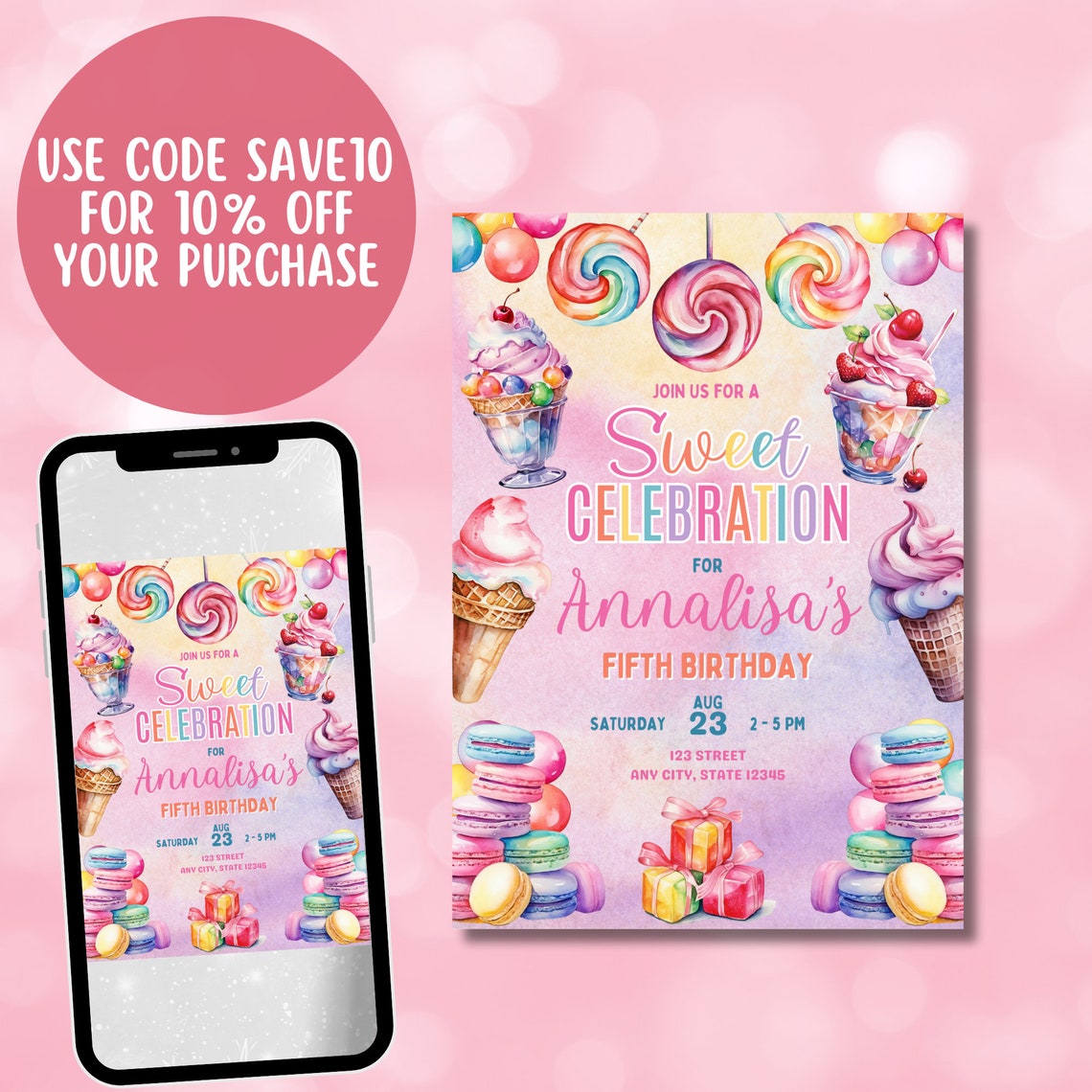 Sweet Celebration, Candy Invitation Editable Template, Candy, Ice Cream ...