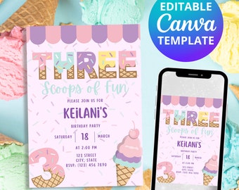 Editable Ice Cream Birthday Invitation, Three Scoops of Fun, 3rd Birthday Party Invitation ...