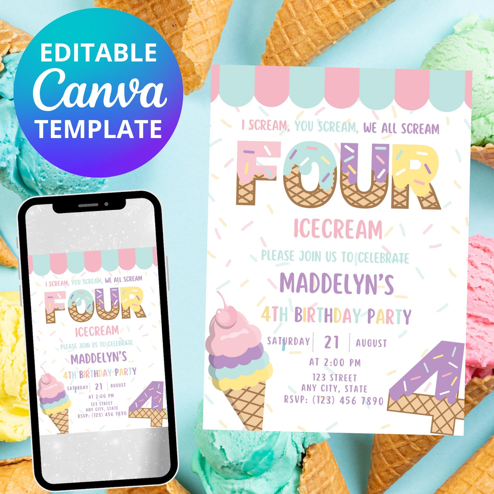 Editable Ice Cream Birthday Invitation, I Scream Four Ice Cream, 4th ...