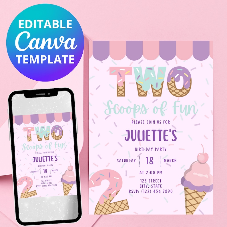 Editable Ice Cream Invitation | Two Scoops of Fun Invitation | CANVA ...