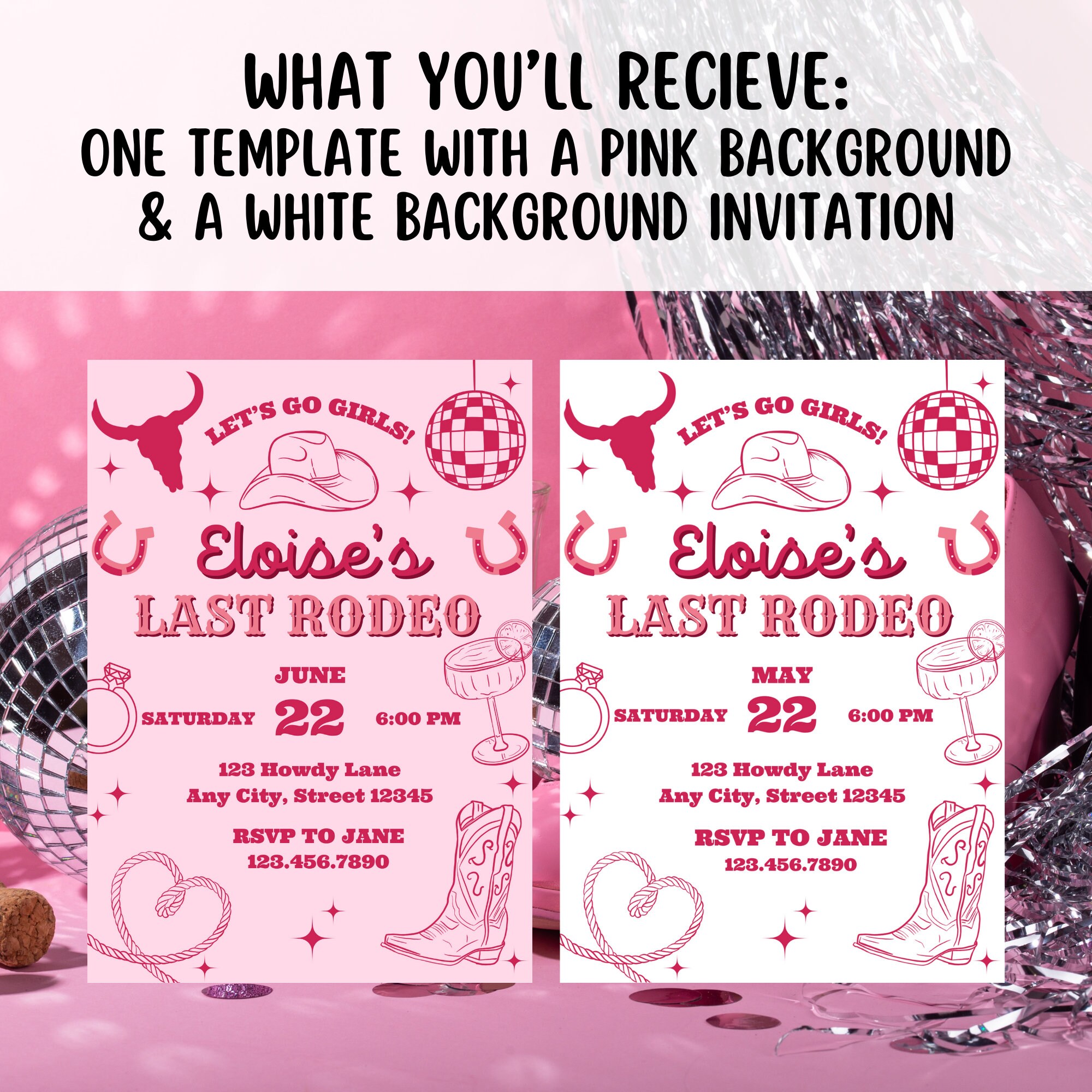 Last Rodeo Bachelorette Invitation, Cowgirl Party Theme, Pink Disco ...
