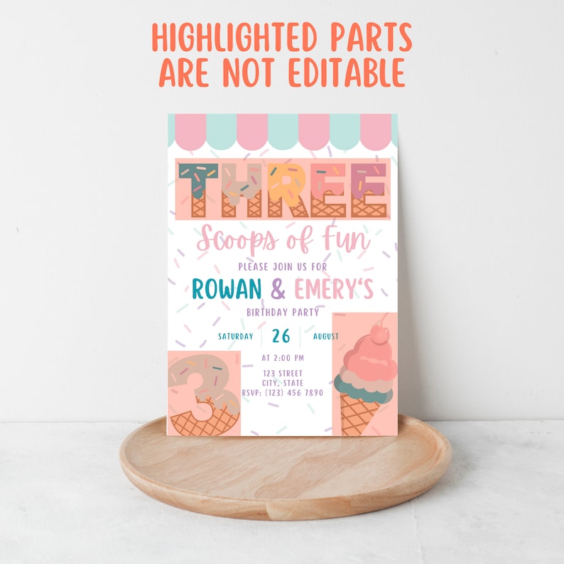 Editable Ice Cream Birthday Invitation Twin Three Scoops Of Fun 3rd