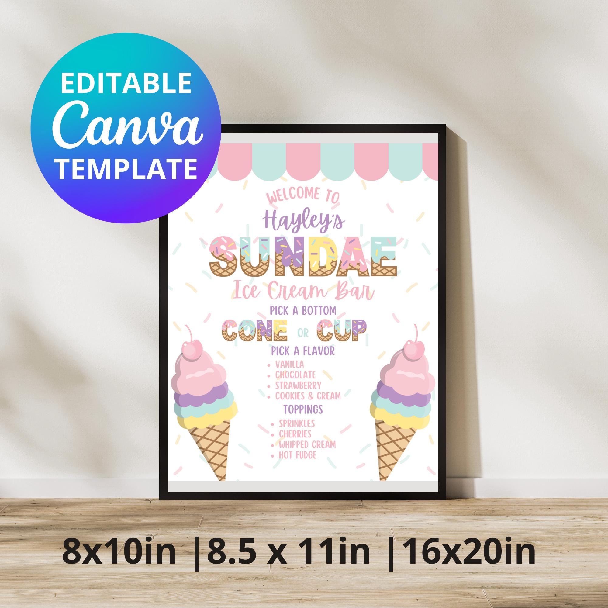 Ice Cream Bar Menu Party Sign, Editable Template, Pastel Ice Cream ...