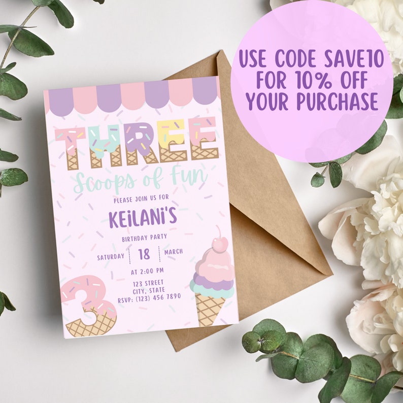 Editable Ice Cream Birthday Invitation, Three Scoops of Fun, 3rd Birthday Party Invitation ...