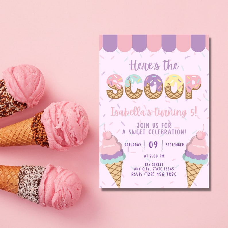 Ice Cream Birthday Invitation, Editable Canva Template (instant ...
