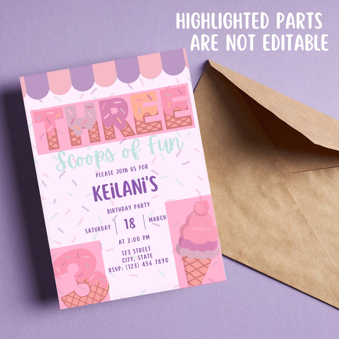 Editable Ice Cream Invitation | Three Scoops of Fun | CANVA TEMPLATE ...