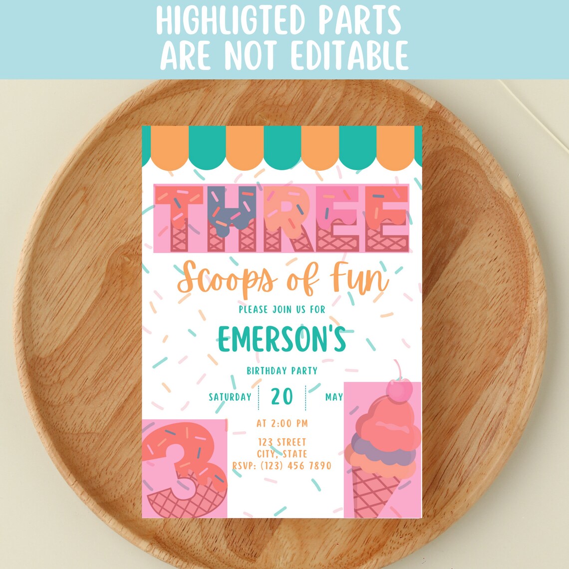 Editable Ice Cream Invitation Three Scoops of Fun CANVA - Etsy