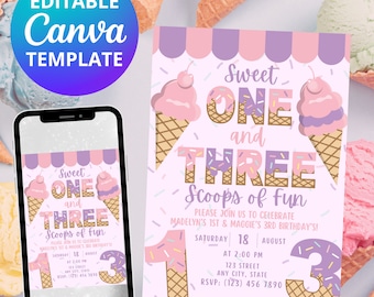 Editable Ice Cream Birthday Invitation, Twin Three Scoops of Fun, 3rd Birthday Party Invitation ...