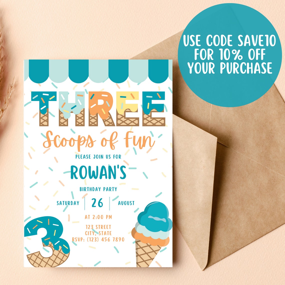 Editable Ice Cream Invitation | Three Scoops of Fun | CANVA TEMPLATE ...
