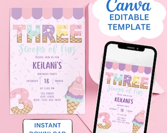 Editable Ice Cream Birthday Invitation, Three Scoops of Fun, 3rd Birthday Party Invitation ...