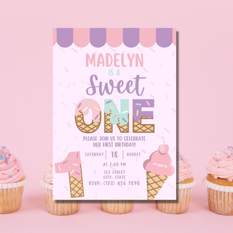 Editable Sweet One Birthday Invitation, Ice Cream Birthday, Canva ...