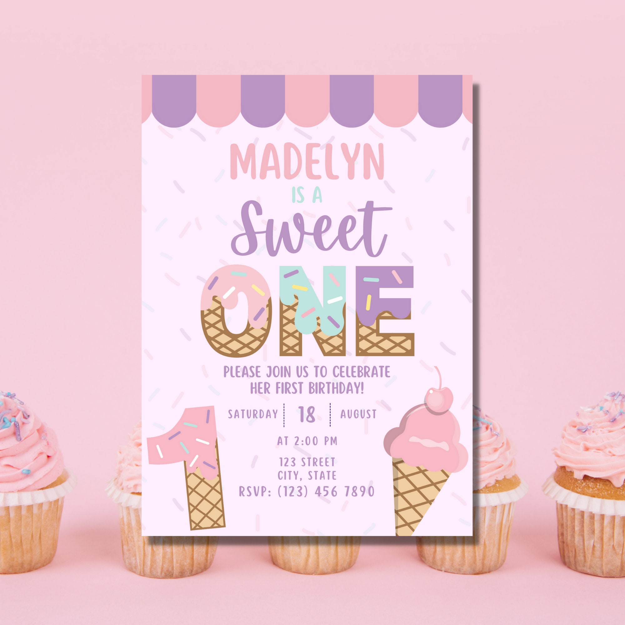 Editable Sweet One Birthday Invitation, Ice Cream Birthday, Canva ...