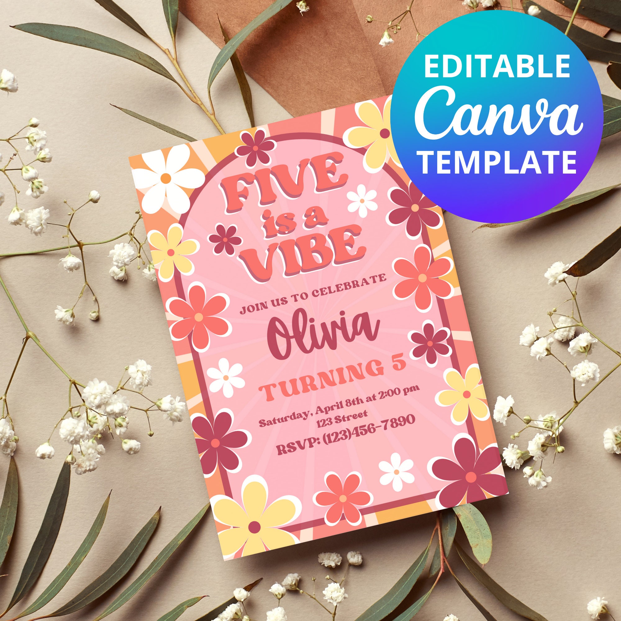 Editable Groovy Five is A Vibe 5th Birthday Party Invitation | Instant ...