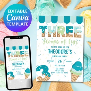 Editable Ice Cream Invitation, Three Scoops of Fun, Boy Ice Cream ...